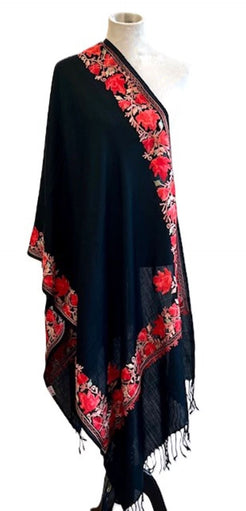 Taj Embroidered Wool Shawl. Embroidered Border. Black with Red – Go Kismet